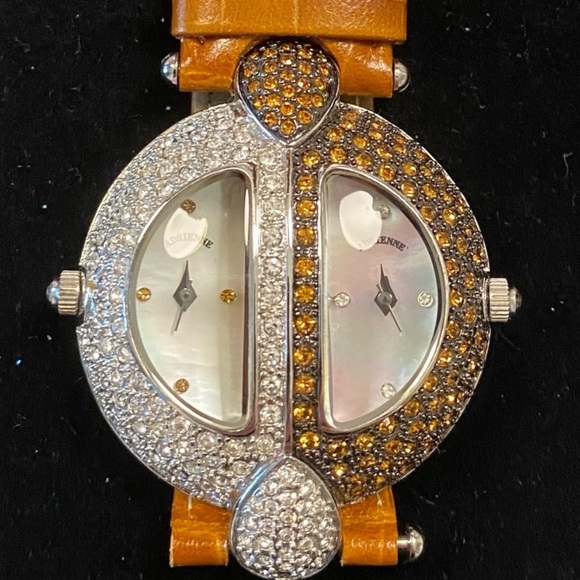 Accessories | Vintage Dual Dial Rhinestone Watch With Cognac Leather ...